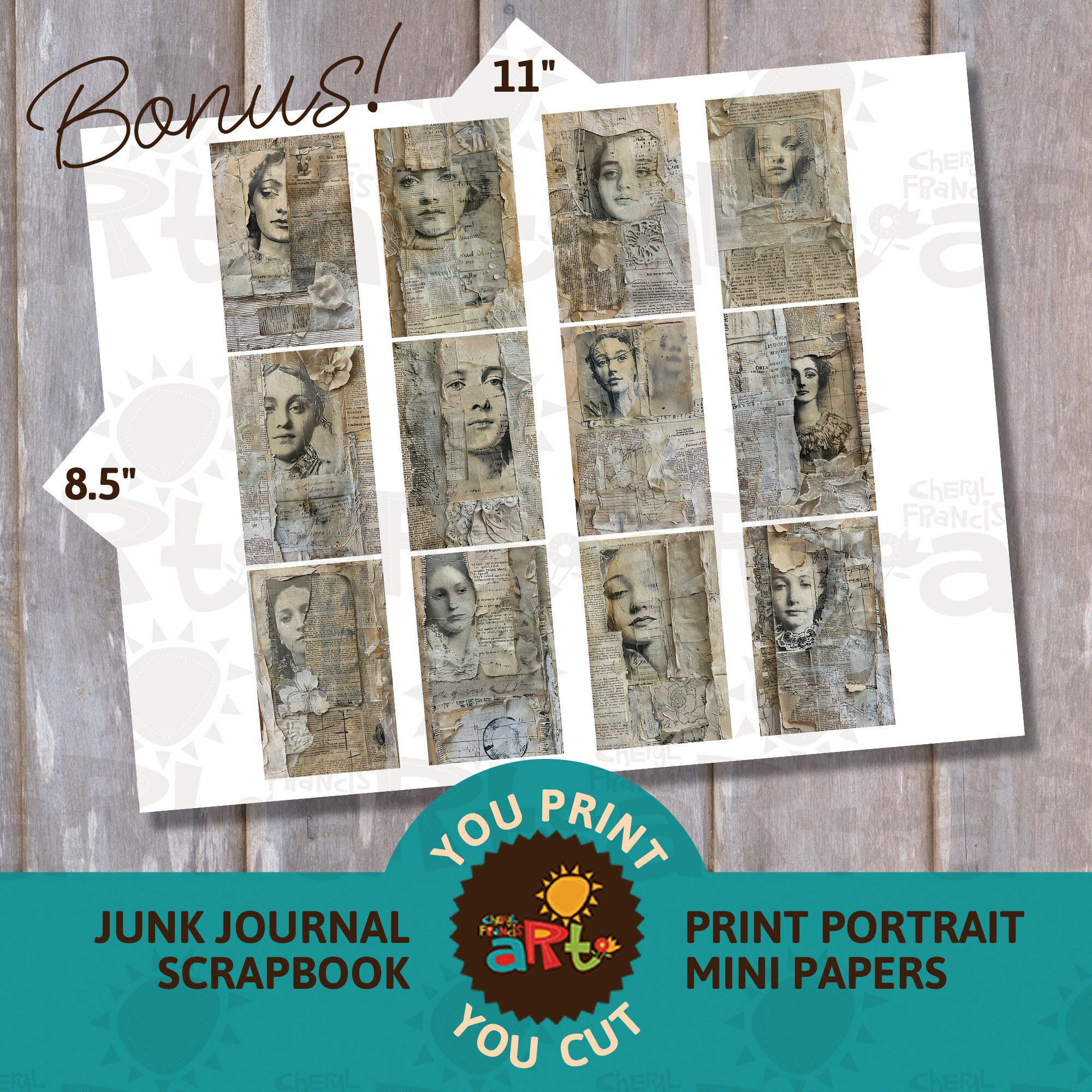 Printed Page Ephemera Collage With Portrait Printable Junk Journal Half ...