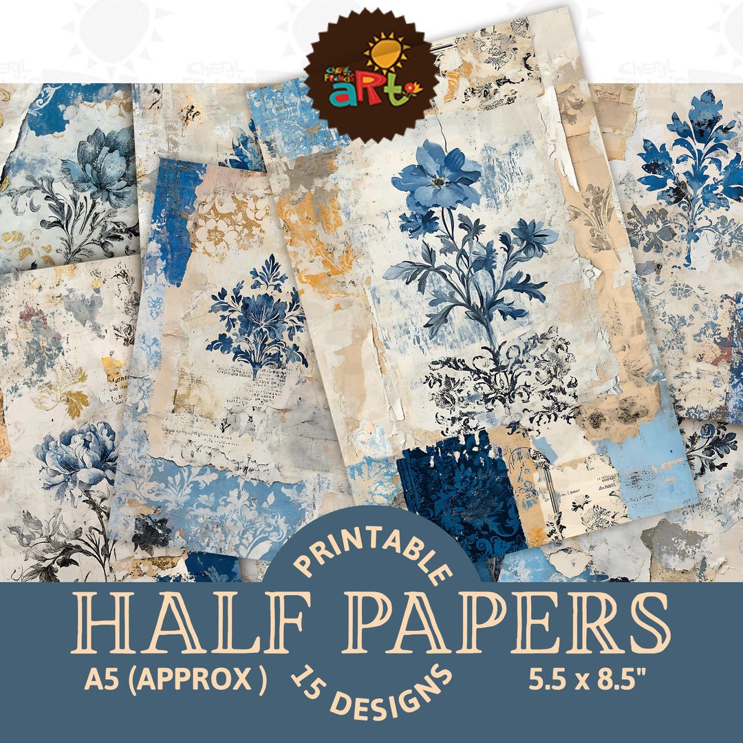 Floral Blue Heraldic Emblem Patterns Printable Junk Journal Half Paper ...