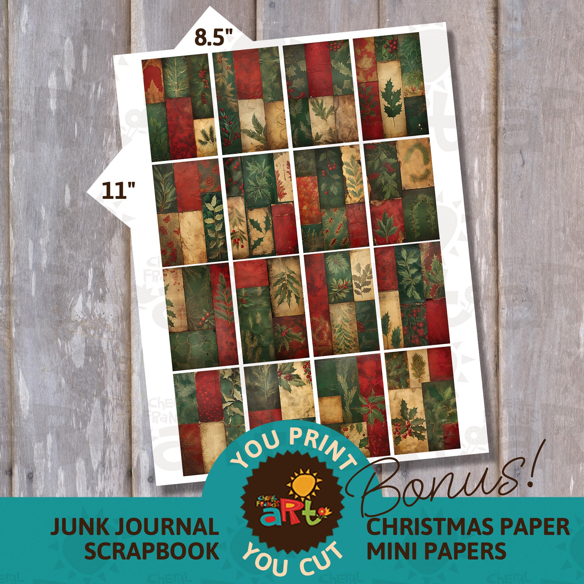 Christmas Flora Decorative Paper Collage Printable Junk Journal Half ...