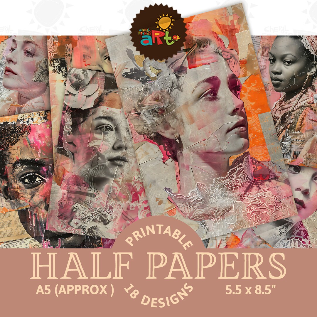 Pink Orange Collage Female Portrait Printable Junk Journal Half Paper ...