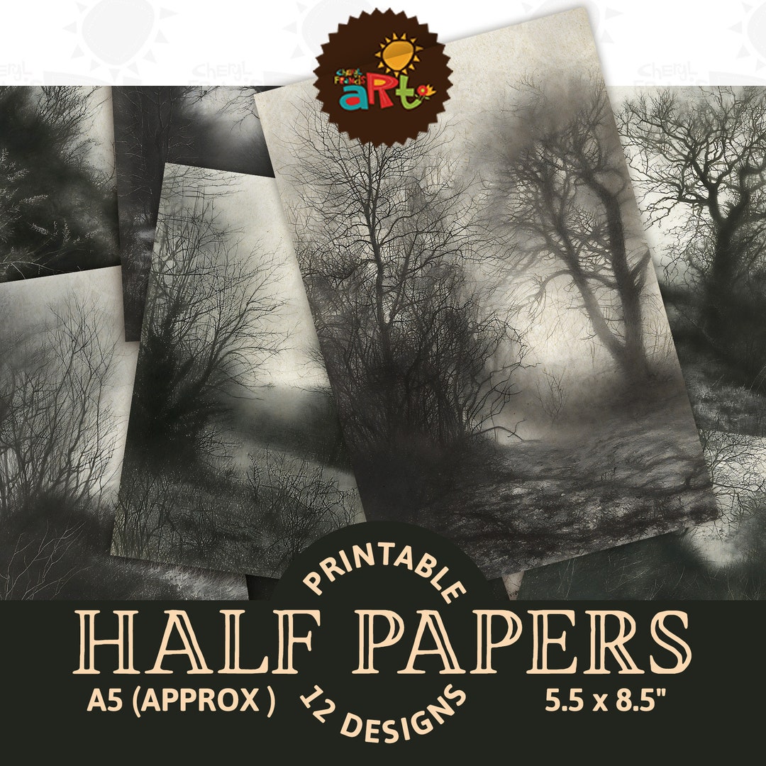 Moody Landscape Trees Gray Nature Printable Collage Junk Journal Half ...