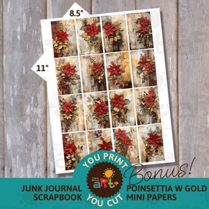 Poinsettias Red With Gold Christmas Collage Printable Junk Journal Half ...