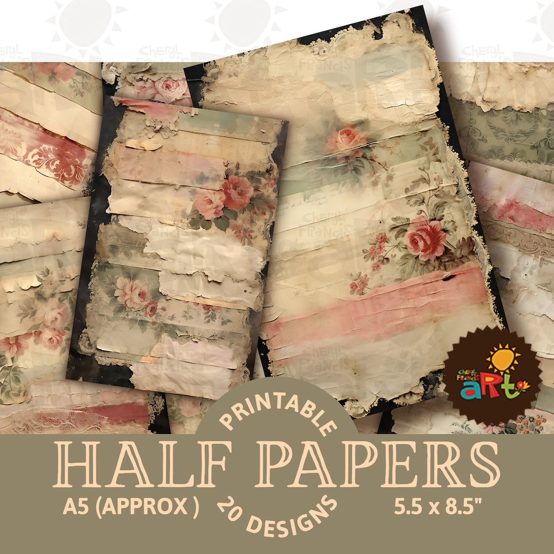 Torn Strips of Antique Style Floral Pattern Printable Junk Journal Half ...