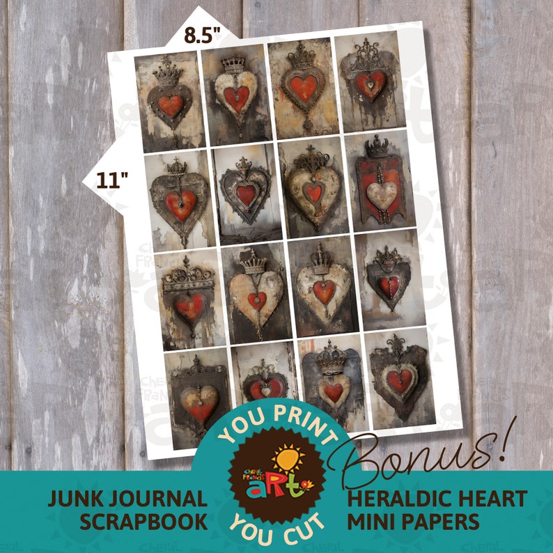 Crowned Heraldic Heart Crest Collage Printable Junk Journal Half Papers ...