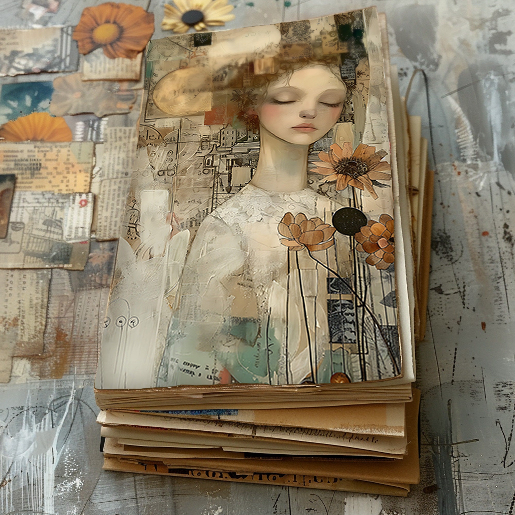 Muted Color Illustrated Scrap Girl Junk Journal Half Page Printable ...