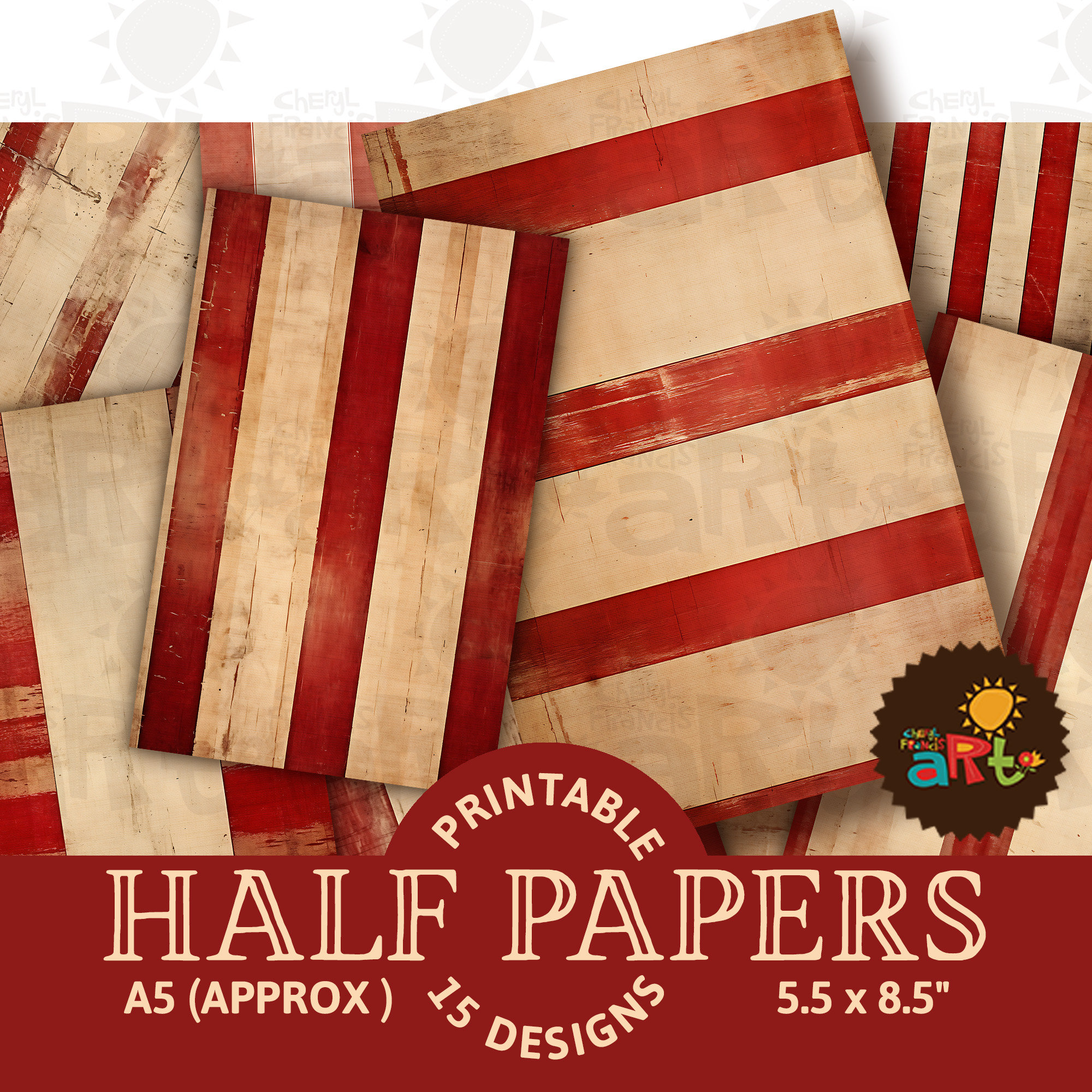Distressed Red and White Stripes Printable Junk Journal Half Papers ...