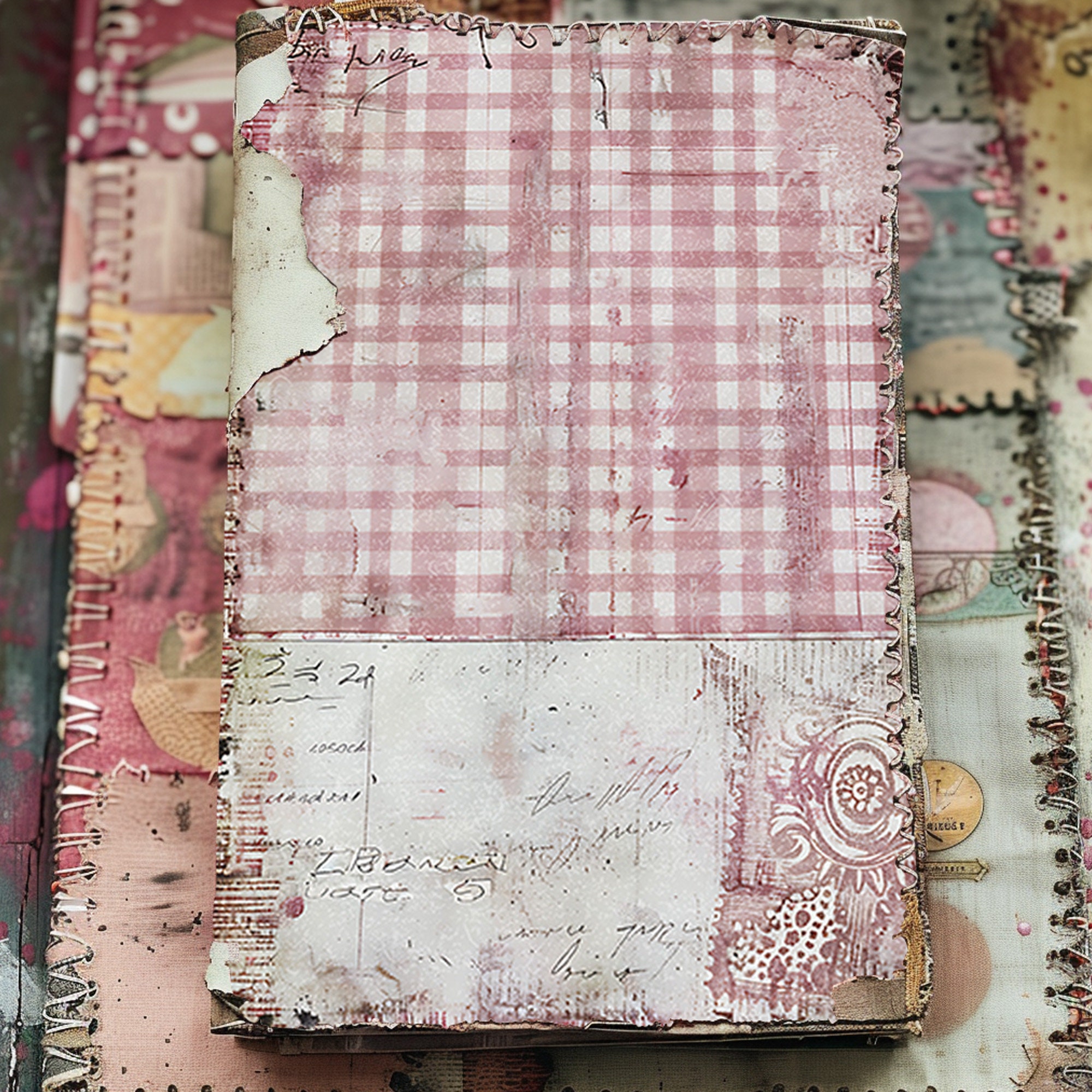 Shabby Pink Checks Ephemera Collage Paper Junk Journal Half Page ...