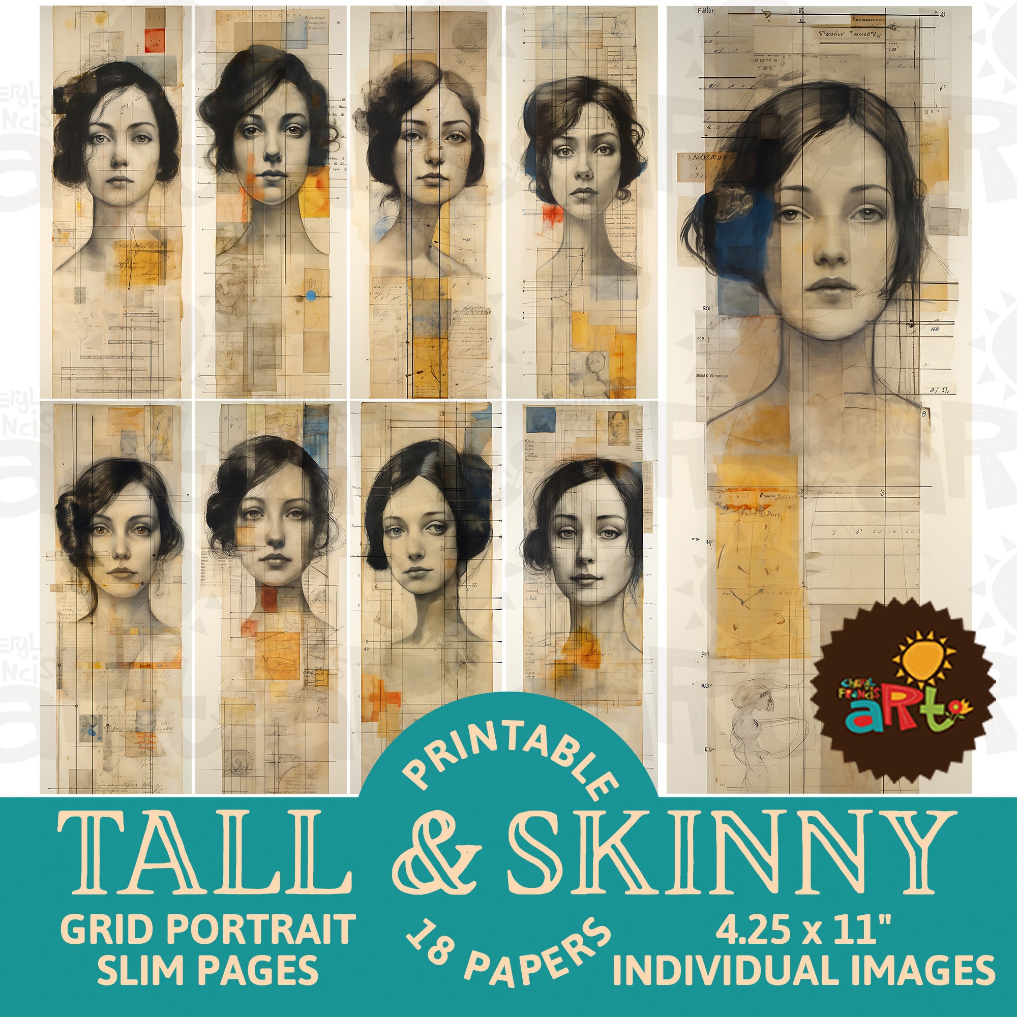 Grid Portrait Girl Printable Tall Slim Junk Journal Papers for Book ...