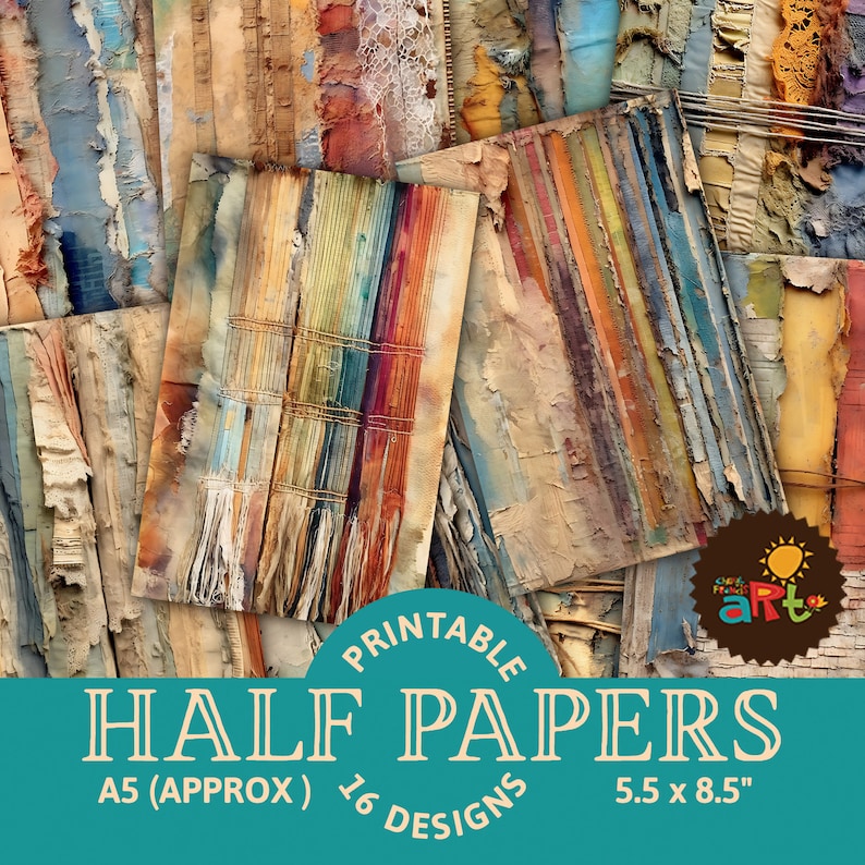 Rustic Rainbow Colored Torn Paper Collage Printable Junk Journal Half ...