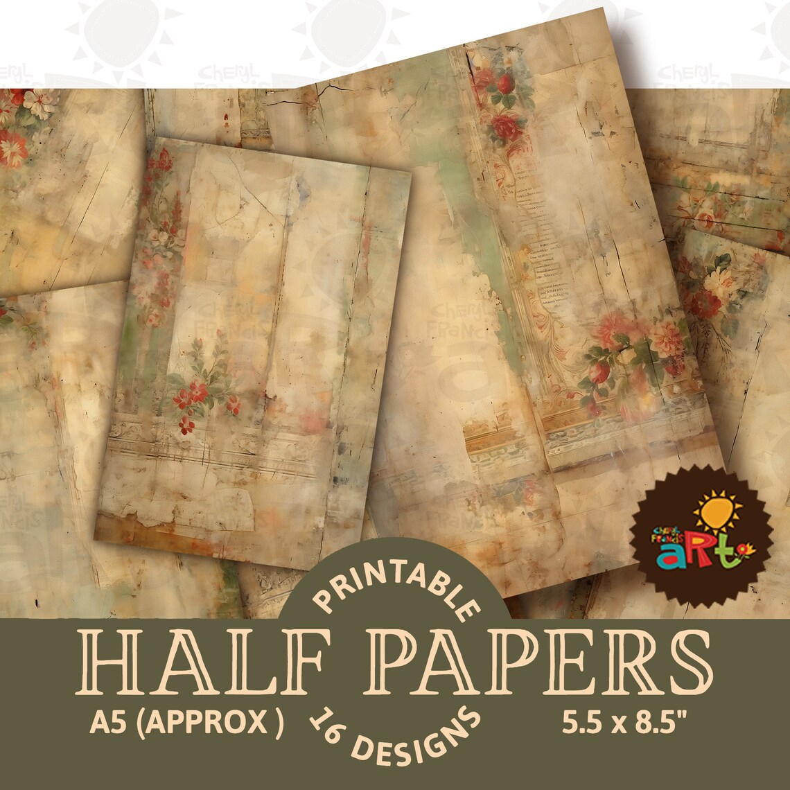 Grunge Christmas Floral Paper Collage Printable Junk Journal Half ...