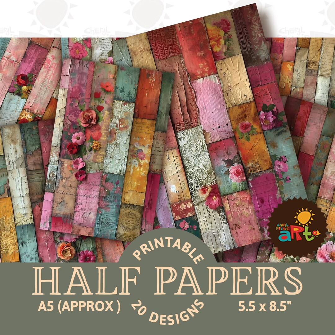 Printable Junk Journal Half Papers, Deep Colors Vertical Floral Collage ...