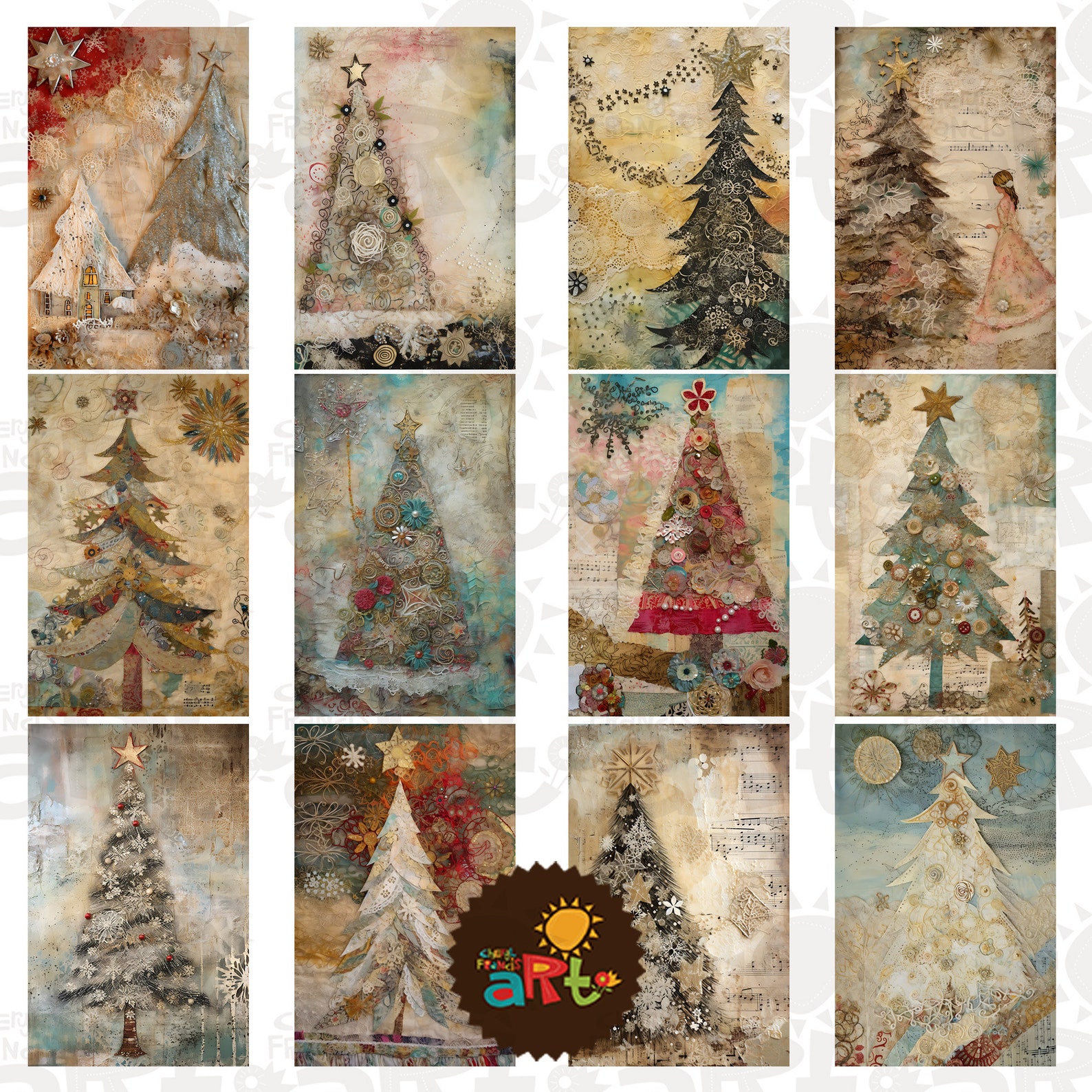 12 Christmas Trees Mixed Textiles Paper Collage Printable Junk Journal ...