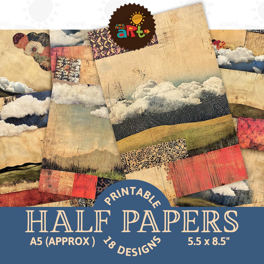 Collage Patterned Landscape With Clouds Printable Junk Journal Half ...