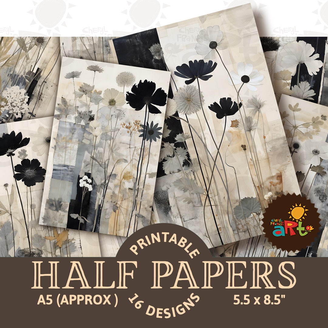 Wildflower Black Floral Collage Printable Junk Journal Half Papers ...