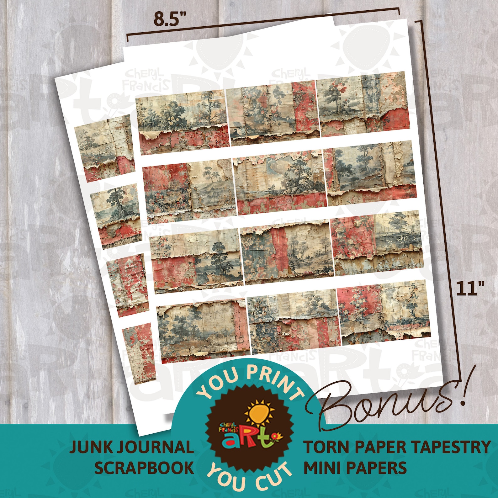 Torn Paper Tapestry Wallpaper Collage Printable Junk Journal Horizontal ...