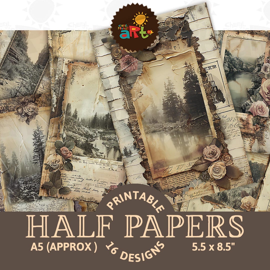 Decorated Page Landscape Ephemera Junk Journal Half Paper Printable ...