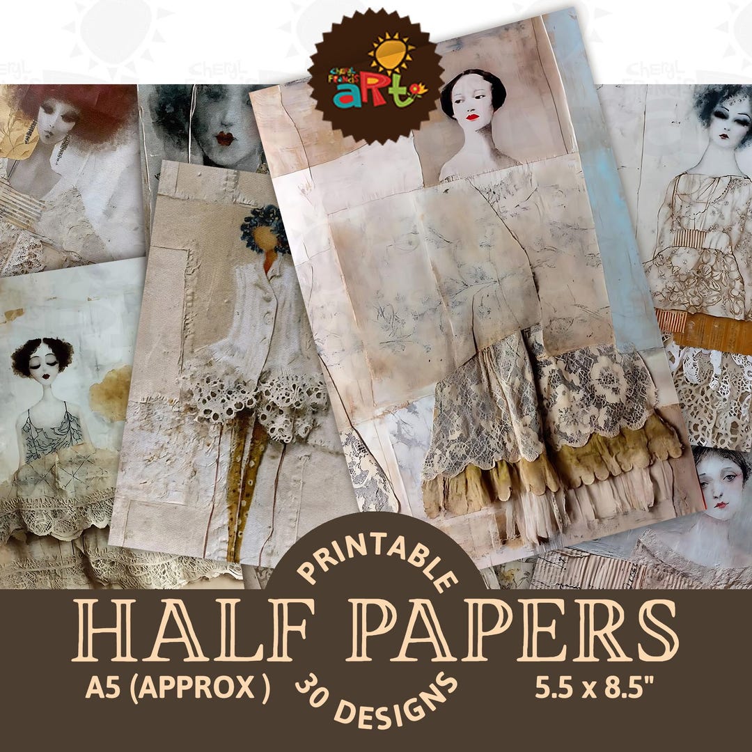 Mix of Textiles Collage Lady Portrait Printable Junk Journal Half Paper ...