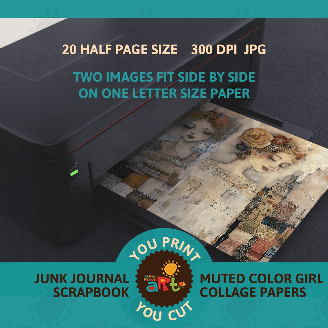 Muted Color Illustrated Scrap Girl Junk Journal Half Page Printable ...