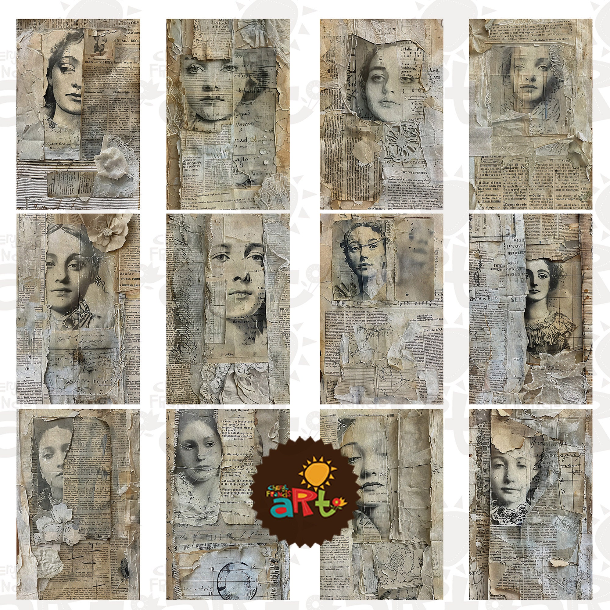 Printed Page Ephemera Collage With Portrait Printable Junk Journal Half ...