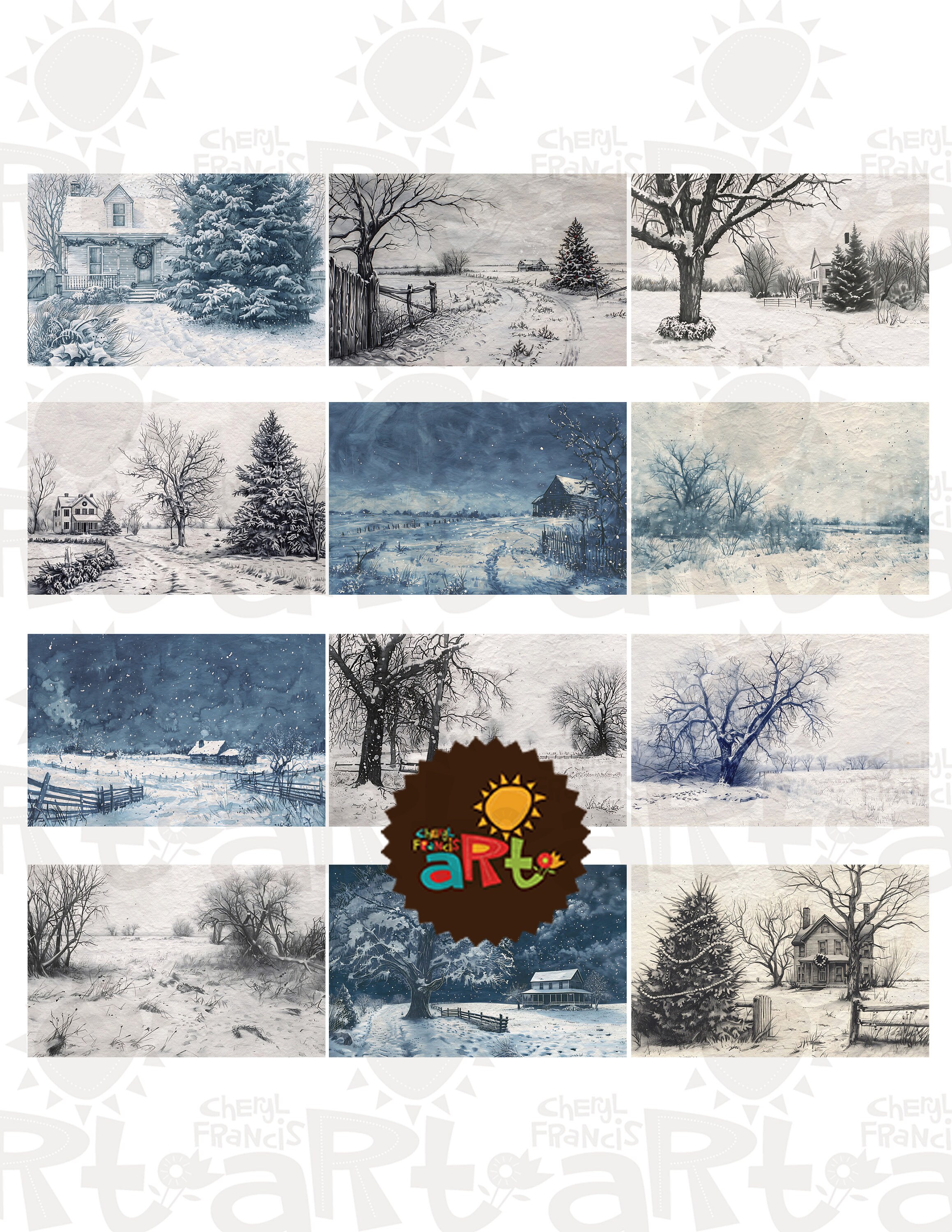 Snowy Rural Country Scenery Printable Junk Journal Horizontal Half ...