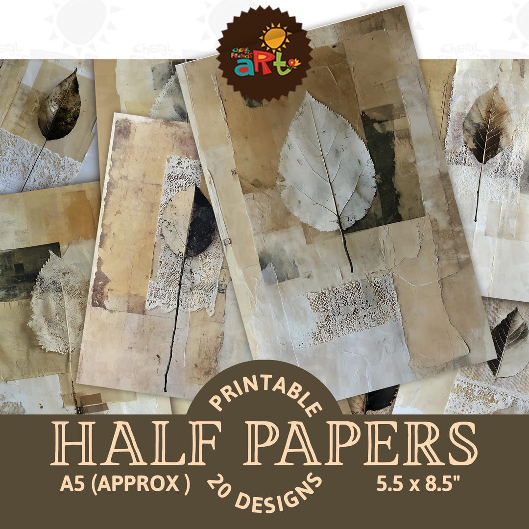 One Leaf on Various Paper and Lace Collage Printable Junk Journal Half ...