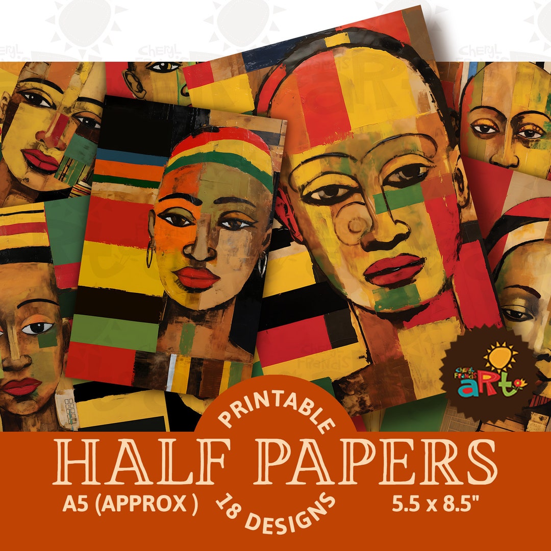 African Colors Tribal Art Portrait Collage Printable Junk Journal Half ...