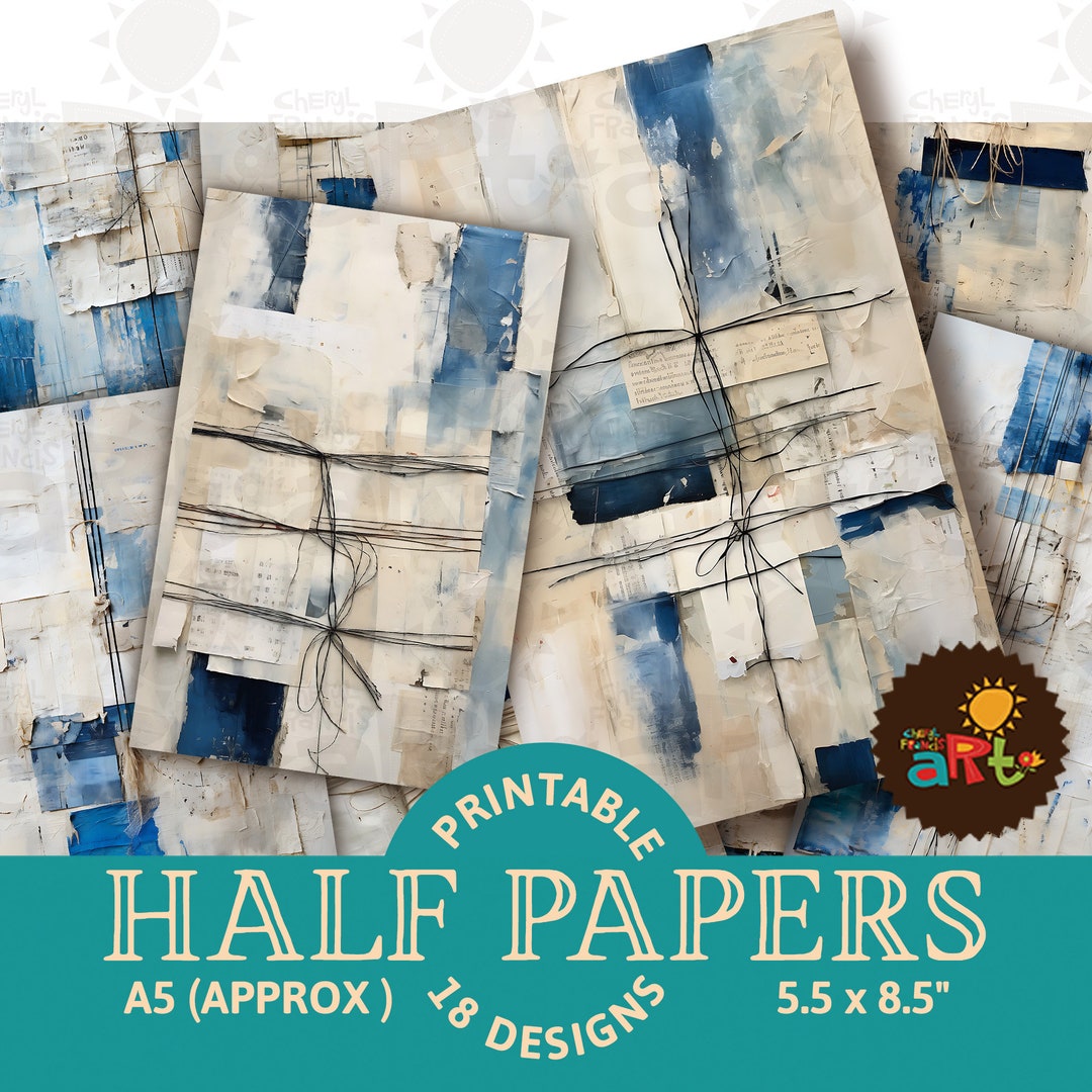 Blue and White Scrap Tied Collage Printable Junk Journal Half Papers ...