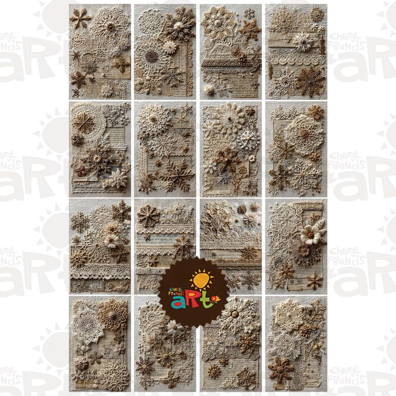 Crochet Snowflake Paper Beige Collage Printable Junk Journal Half ...