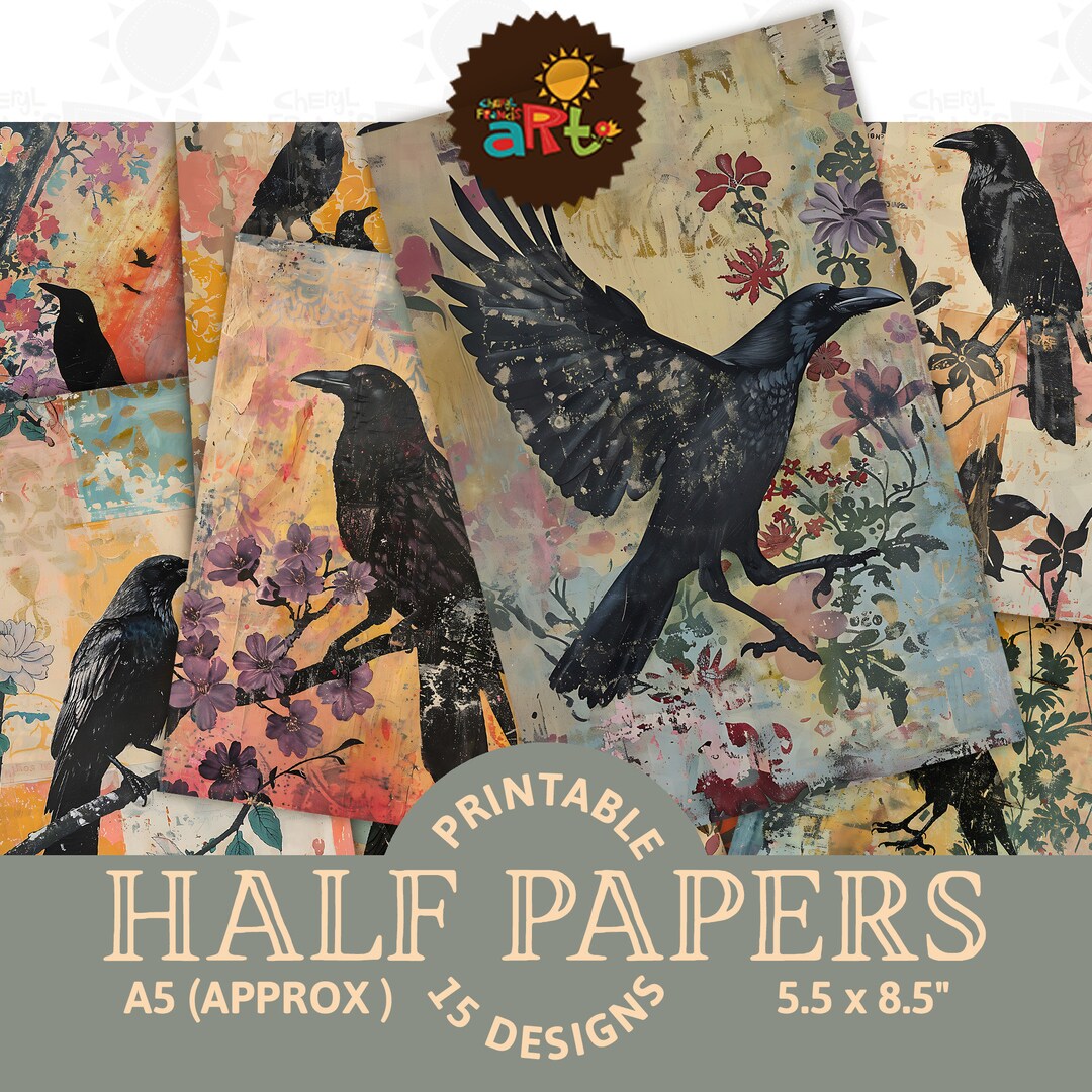 Rustic Crow Bird Colorful Flower Ephemera Printable Junk Journal Half ...