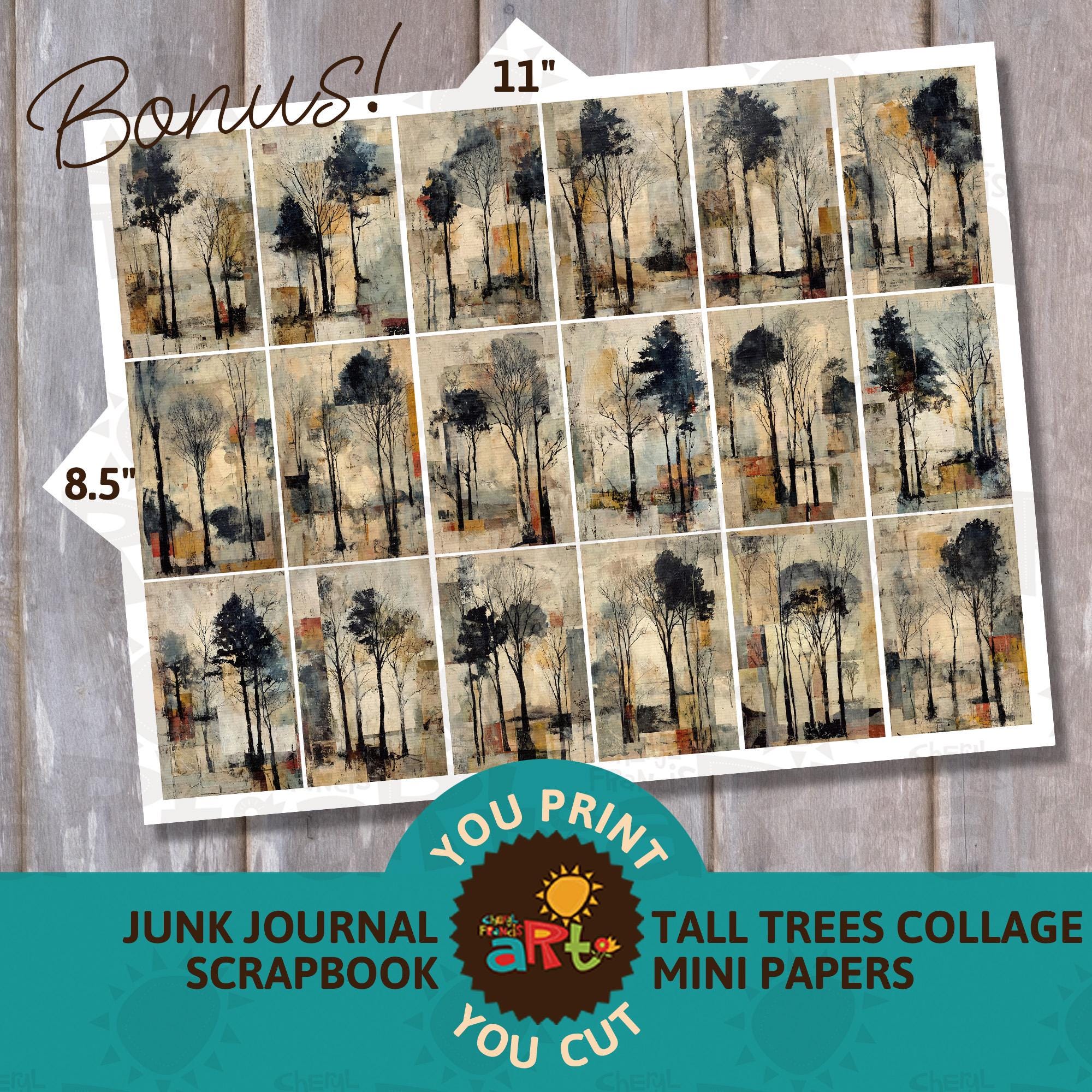 Tall Trees on Ephemera Collage Printable Junk Journal Half Paper ...