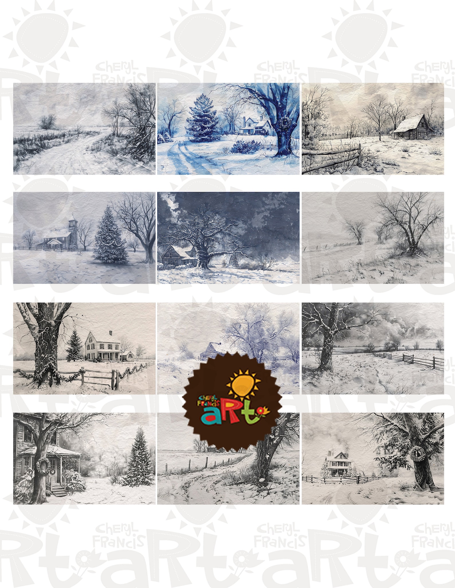 Snowy Rural Country Scenery Printable Junk Journal Horizontal Half ...