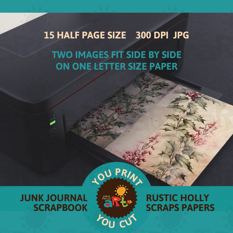 Rustic Christmas Holly Printable Junk Journal Half Papers, Scrapbook ...