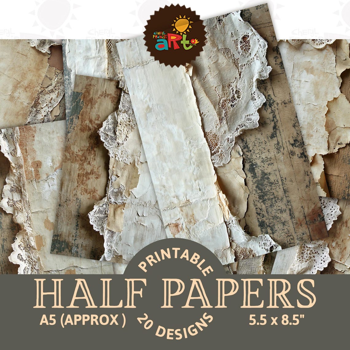 Neutral Tattered Lace and Torn Paper Junk Journal Half Page Printable ...