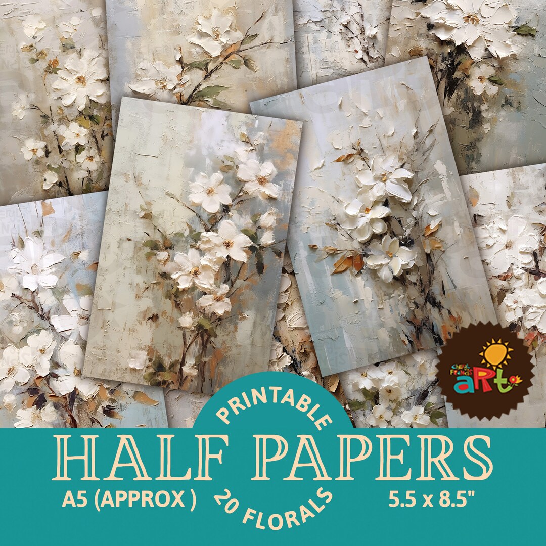 Painted Impasto White Floral Printable Junk Journal Half Papers ...