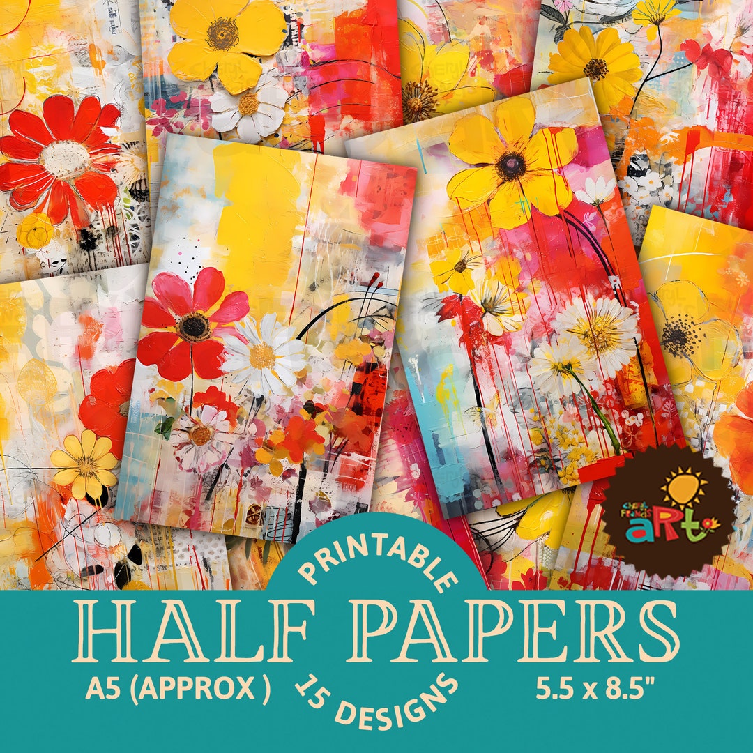 Vibrant Floral Abstract Paint Paper Collage Printable Junk Journal Half ...