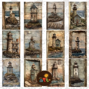 12 Mixed Media Lighthouse Paper Collage Printable Junk Journal Half ...
