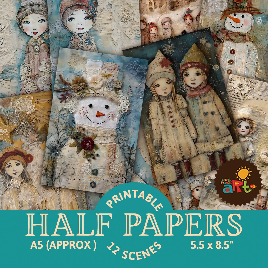 12 Wintry Mixed Media Portraits With Snowmen Paper Collage Printable ...