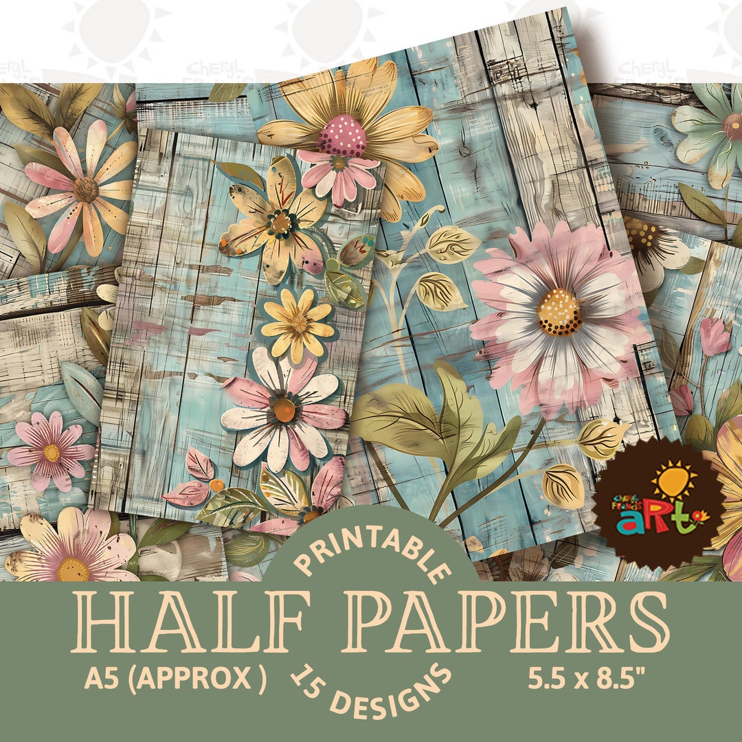 Pretty Spring Flowers Rustic Wood Plank Printable Junk Journal Half ...
