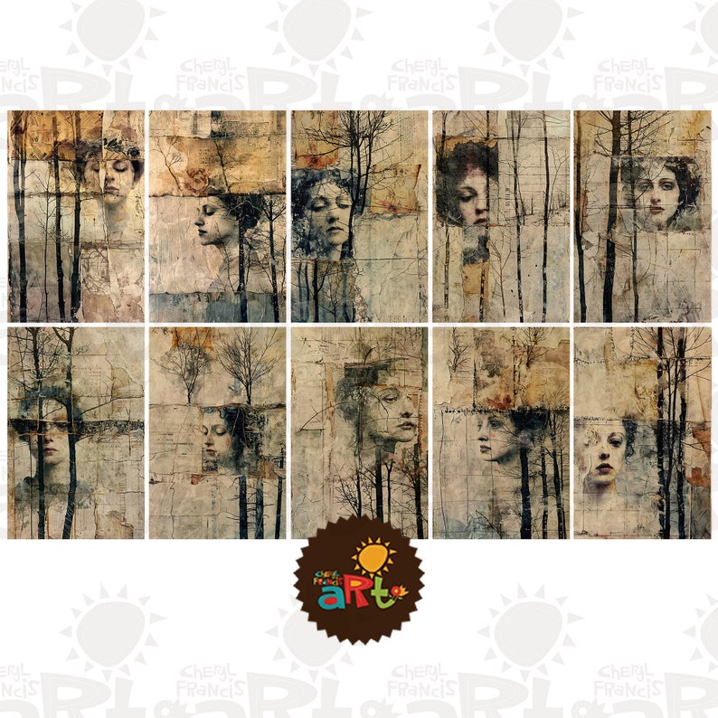 Tree Branches Lady Collage Portrait Junk Journal Half Page Printable ...