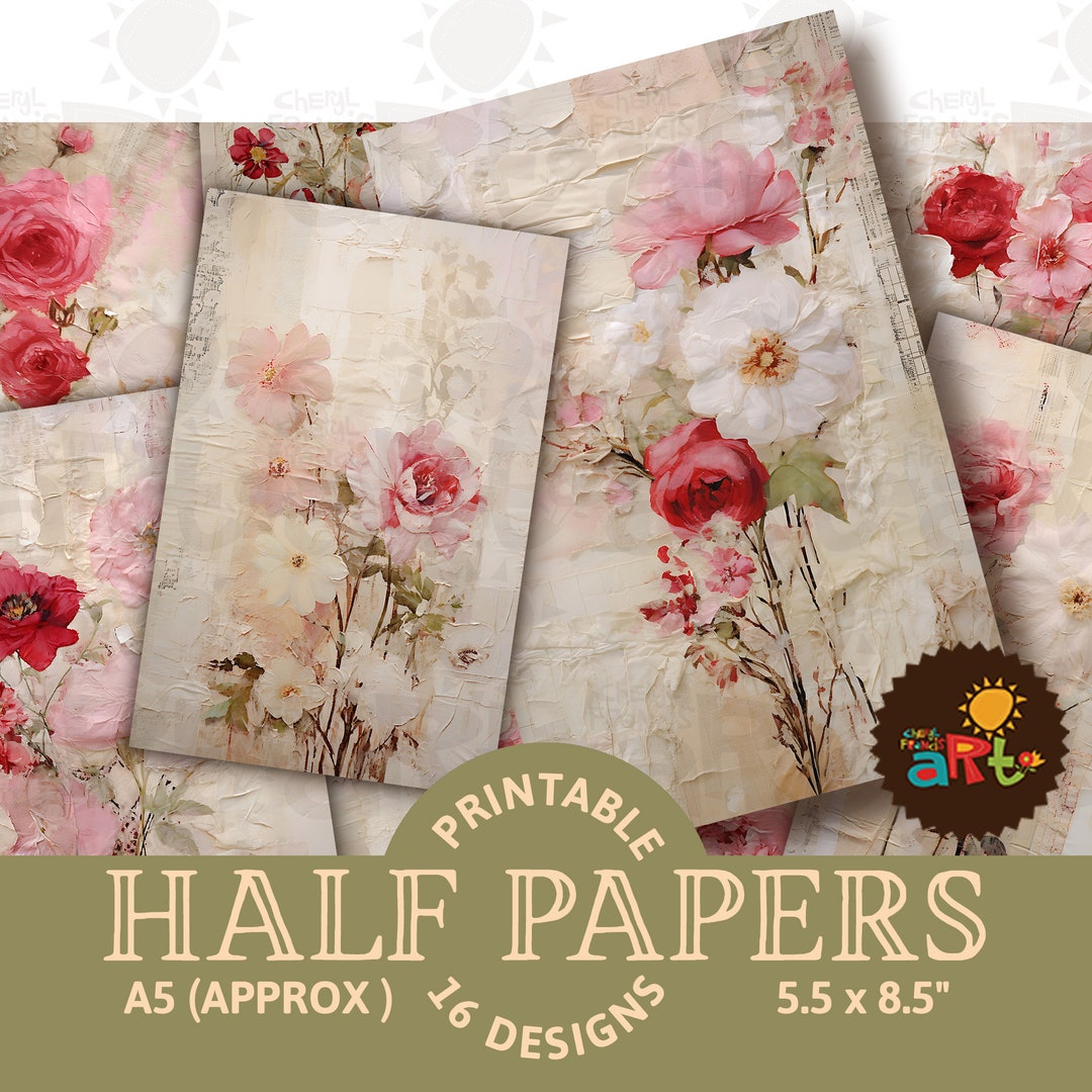 Pink Floral Textural Art Collage Printable Junk Journal Half Papers ...