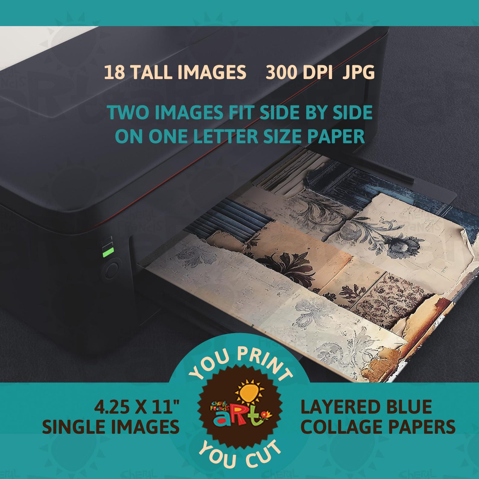 Layered Blue Collage Style Printable Tall Slim Junk Journal Paper for ...
