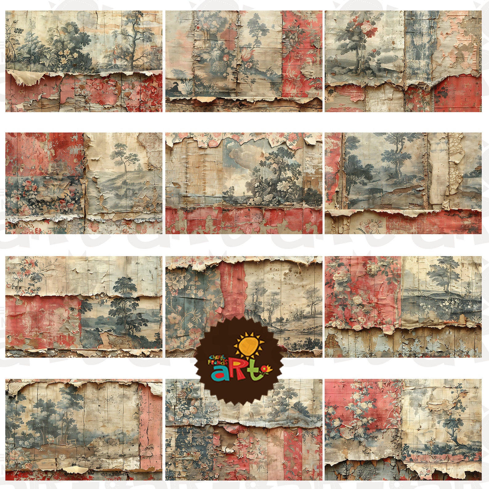 Torn Paper Tapestry Wallpaper Collage Printable Junk Journal Horizontal ...