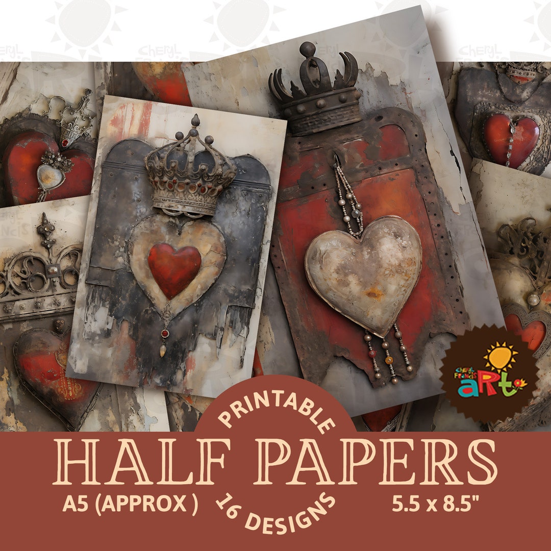 Crowned Heraldic Heart Crest Collage Printable Junk Journal Half Papers ...