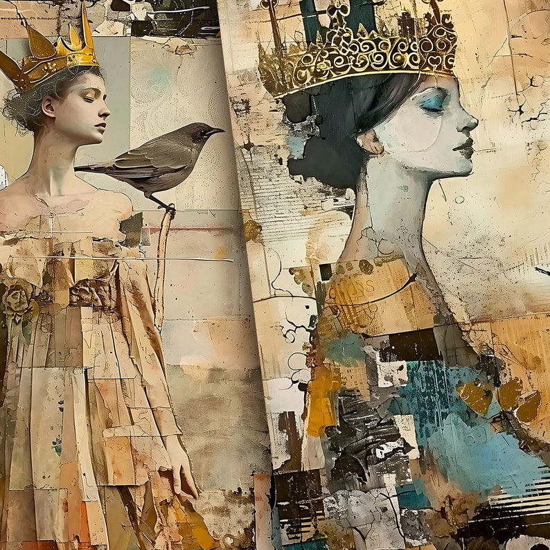 Gold Crown and Black Bird Collage Printable Junk Journal Half Papers ...