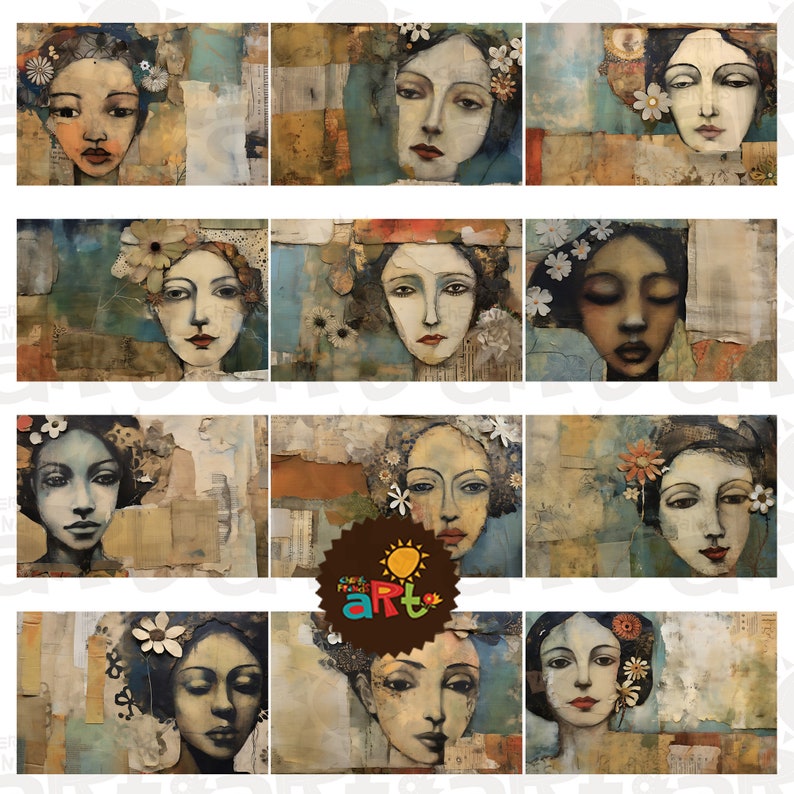 Girl Portrait Ephemera Collage Printable Junk Journal Horizontal Half ...