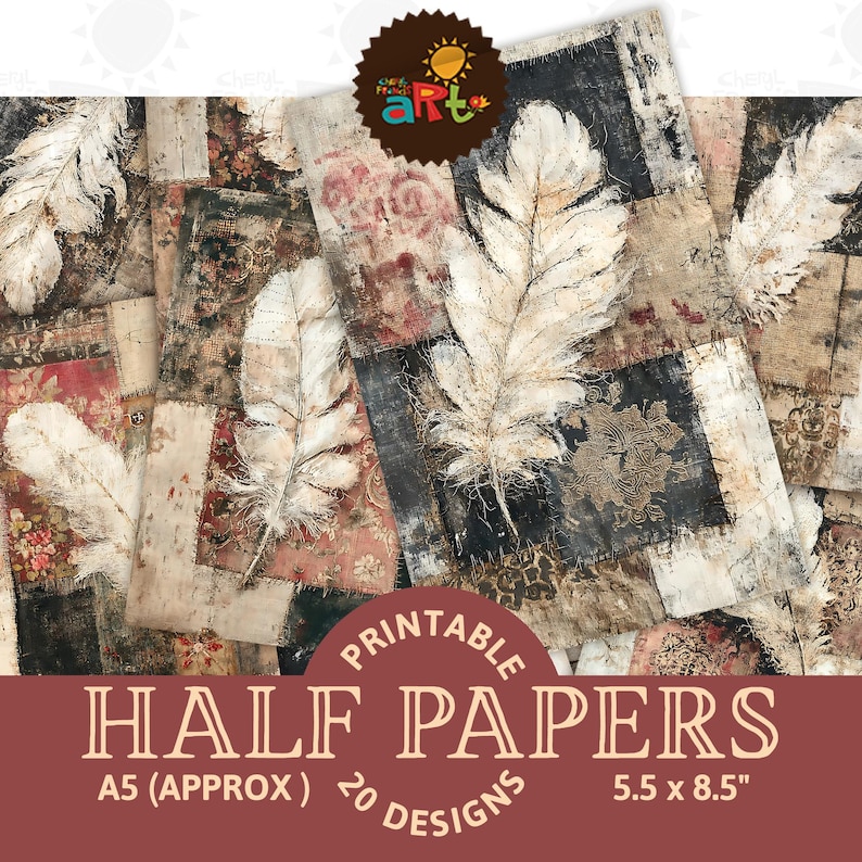 White Feather on Patchwork Collage Art Printable Junk Journal Half ...