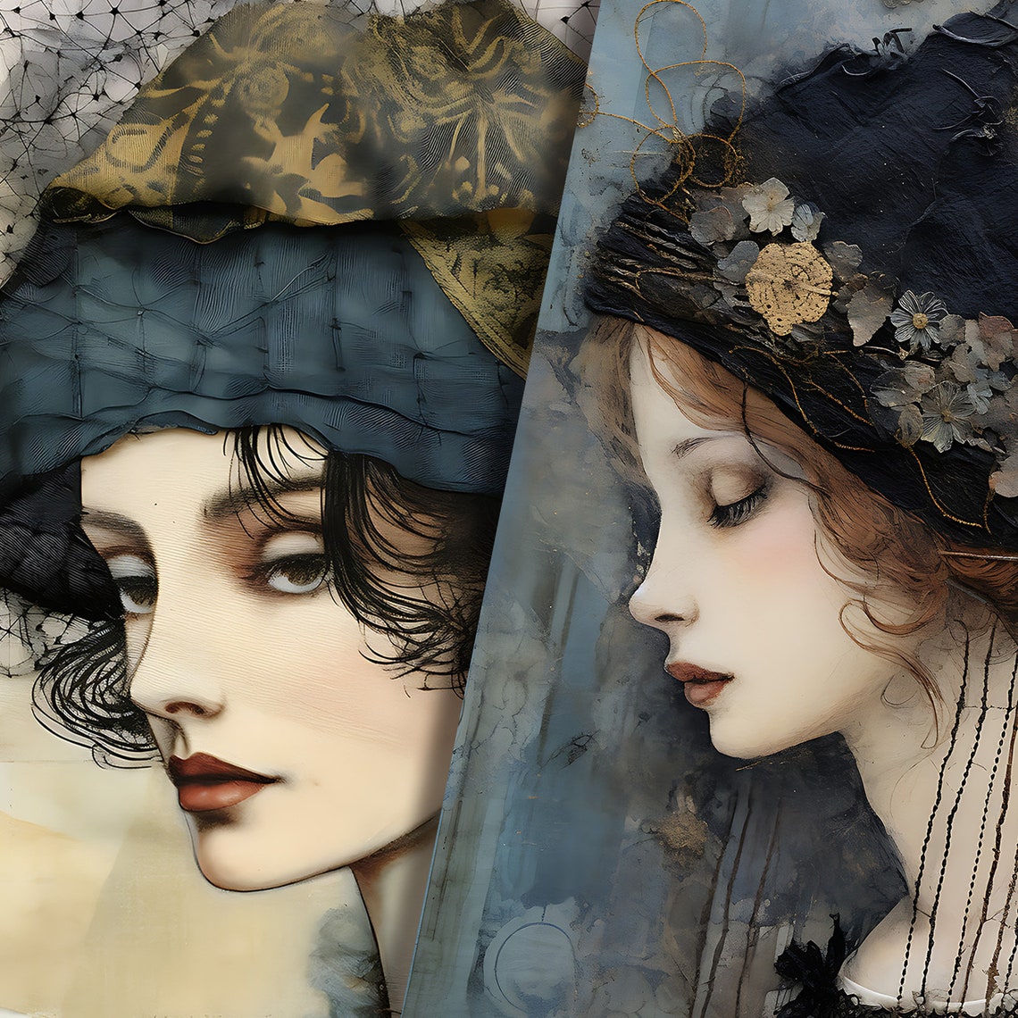 Textile Collage Portrait of a Lady Printable Junk Journal Half Paper ...