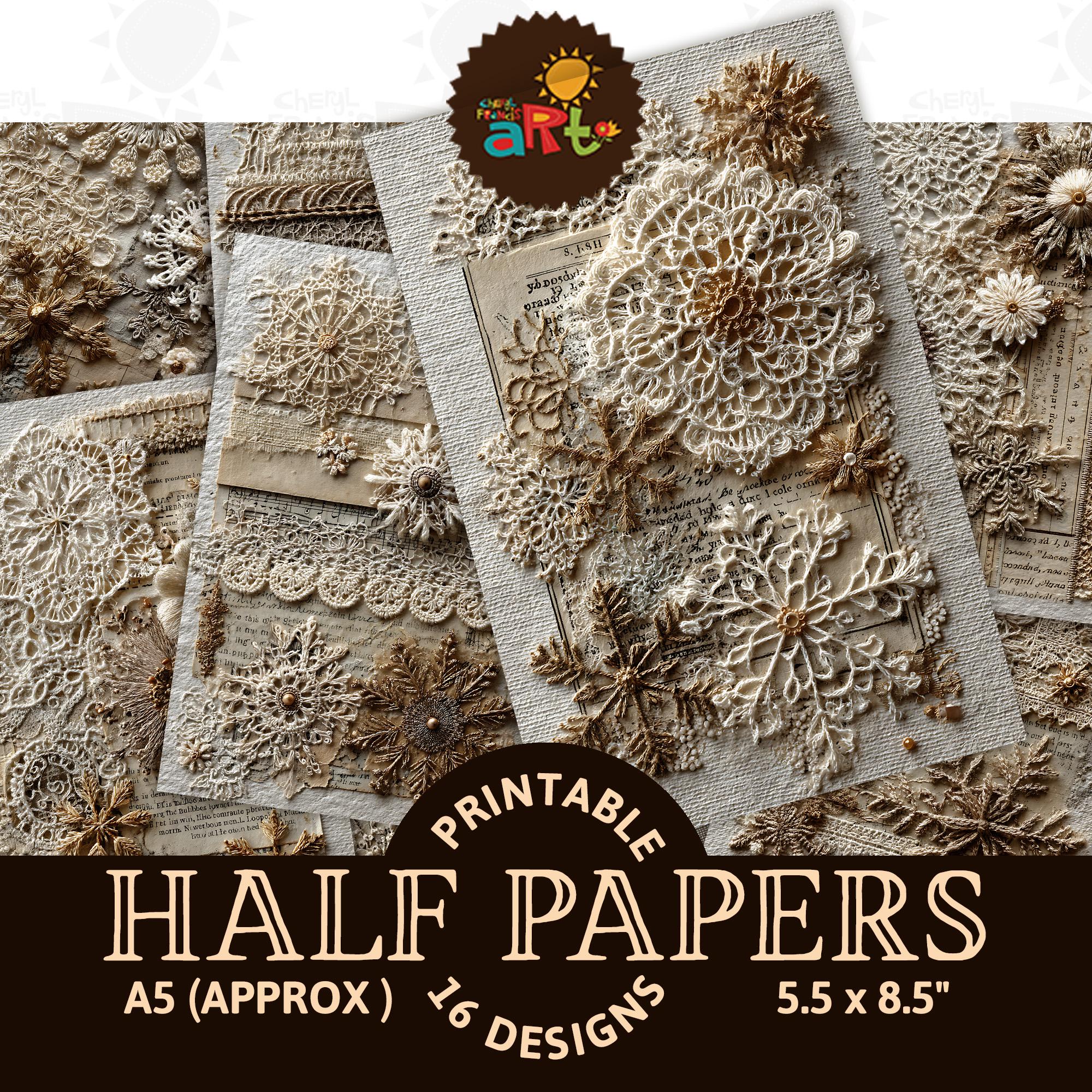 Crochet Snowflake Paper Beige Collage Printable Junk Journal Half ...