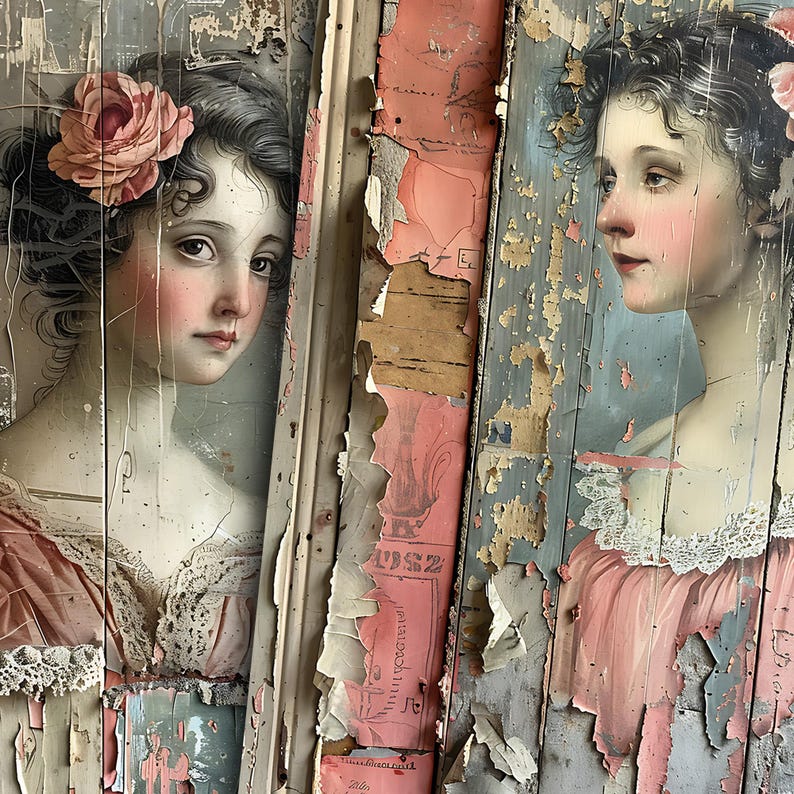 Peeling Paper and Paint Portrait Young Lady Printable Junk Journal Half ...