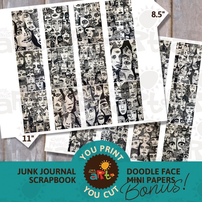Crowd of Fun Abstract Faces 24 Printable Junk Journal Half Papers ...